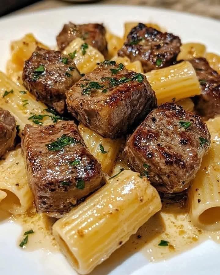 Steak Bites in Rich Garlic Butter Sauce with Creamy Parmesan Rigatoni ...