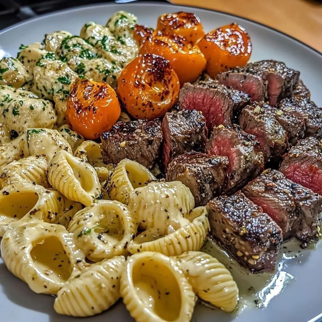 Creamy Shell Pasta with Herb Butter Steak Bites & Roasted Tomatoes ...